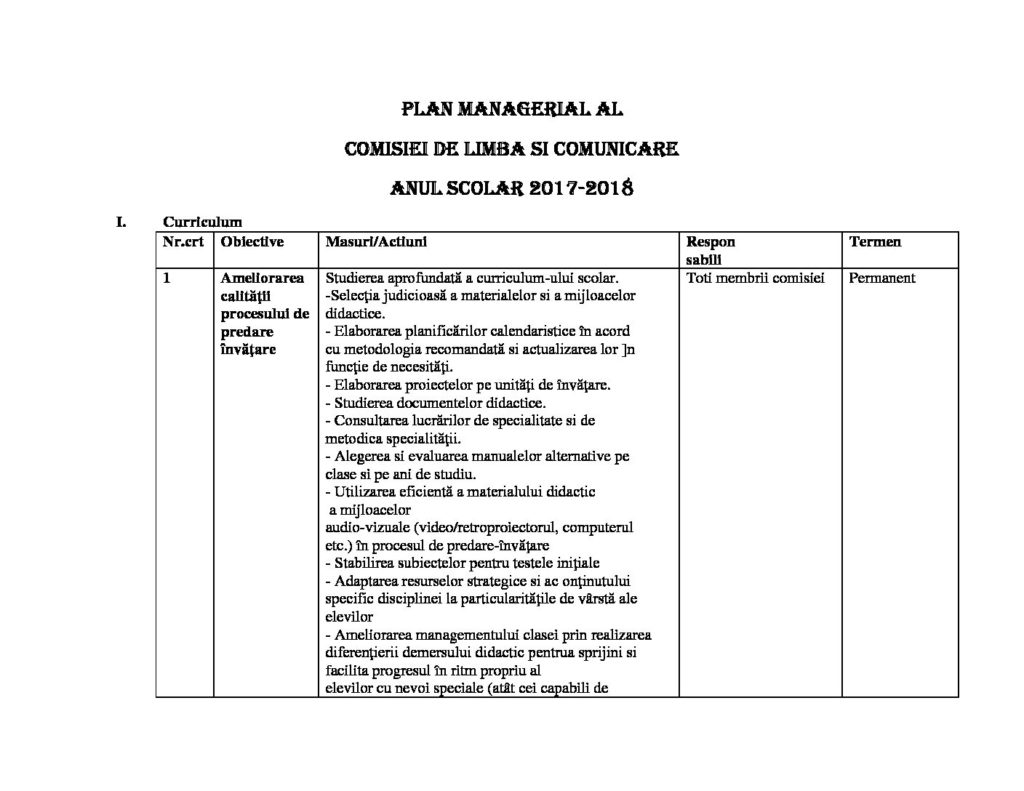 PLAN MANAGERIAL AL comisia umana - Gimnaziul Ion Chinezu